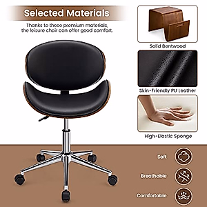 Giantex Mid-Century Home Desk Chair, Faux Leather Armless Office Chair w/Curved Bentwood Seat & Height Adjustable,Ergonomic Modern Rolling Swivel Computer Chair Study Room Office Bedroom,Black