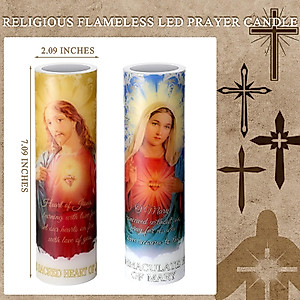 Landhoow 2 Pcs Religious Flameless LED Prayer Candle Real Wax Baptism Candle Set Immaculate Heart of Mary and Sacred Heart of Jesus Battery Operated Candles with Remote Control