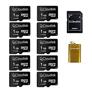 Cloudisk 10 Pack 1GB Micro SD Card in Bulk with MicroSD Adapter USB Card Reader Memory Card (Micro SD Card 1 GB)
