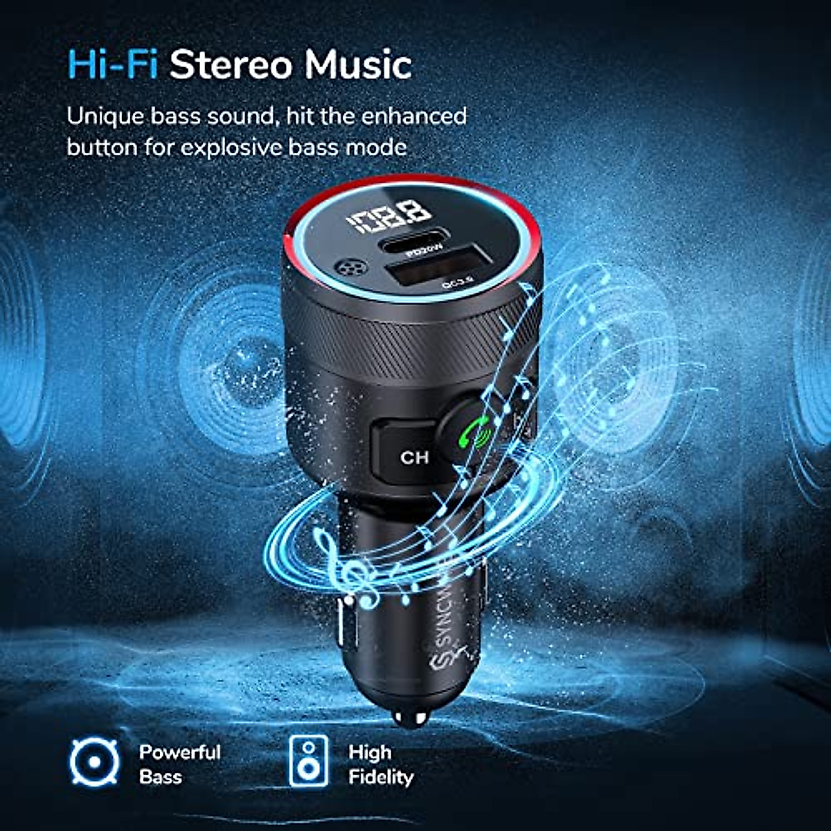 Syncwire Bluetooth 5.1 FM Transmitter for Car, 38W PD&QC3.0 Fast Charger Wireless Radio Adapter Bass Sound Music Player Car Kit with Hands-Free Calling Support USB Drive