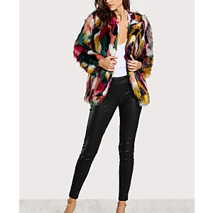 Women's Winter Multicolor Faux Fur Coat Long Sleeve Open Front Luxury Colorful Warm Fuzzy Jacket Outwear-HINDOLA