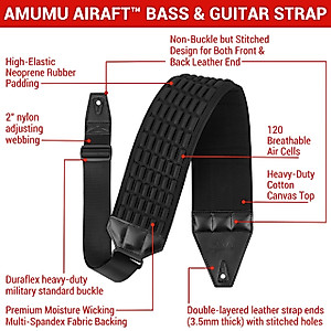 Amumu AIRAFT Bass & Guitar Strap 4" Ultra Wide - 0.7" Thick Breathable Convex 3D Air Cell Cushions - Neoprene Padding - Cotton Canvas Top - Adjustable Length 48"-63"(Long)