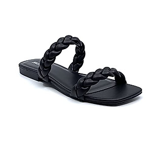 Soda VAULT Women's Square Open Toe Flat Sandals Braided Strap Slip-on Slides Woven Sandals (5.5, BLACK PU, numeric_5_point_5)