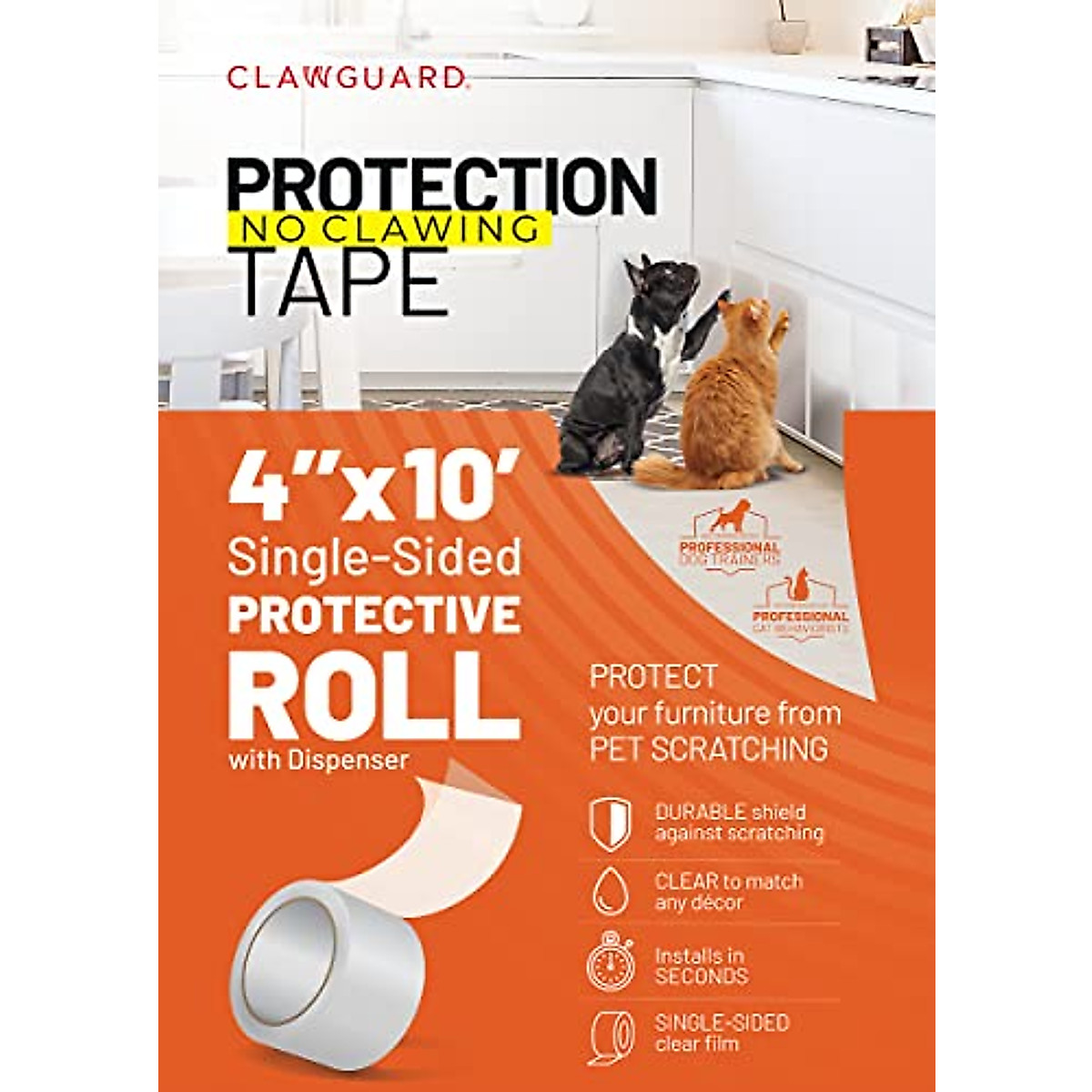 CLAWGUARD Protection Tape - Durable Single-Sided Shield Protection Barrier Against Cat, Dog, Bird, Rabbit Scratching and Clawing Furniture, Couch, Window Sill, Car Door, Glass and More! 4in x 10'