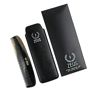 ZEUS Wide Tooth Natural Horn Beard Comb w/Leather Case, Saw-Cut, Anti-Static, Tames, Smooth Glide for Long/Thick Beards