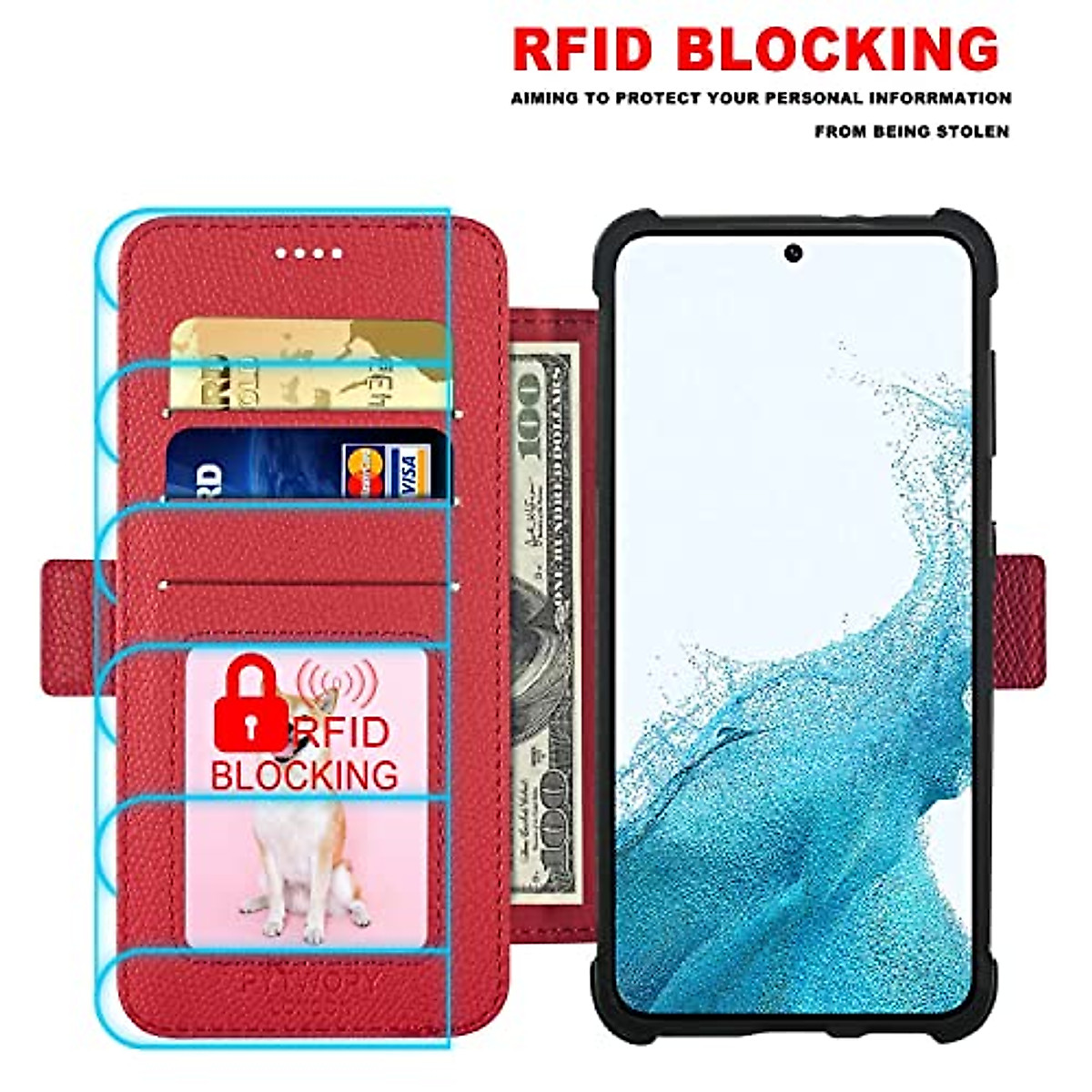 PYTWOPY Wallet Case for Galaxy S22+ Plus 5G [Credit Card Holder],[RFID Blocking],Shockproof Leather Flip Phone Case with Screen Protector Film Magnetic Clasp Kickstand Protective Cover,Red