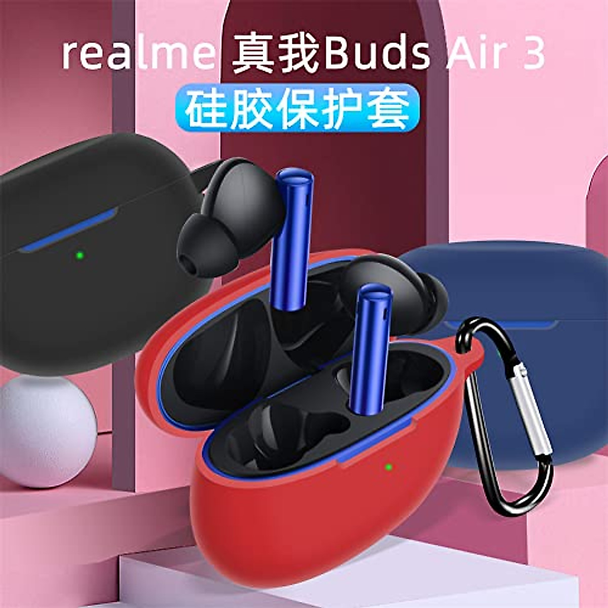 2 Pack DAYJOY Soft Silicone Protective Case Cover Compatible with Realme Buds Air 3 Earbuds, Protective Skin Sleeve with Key Chain (Black+Blue)