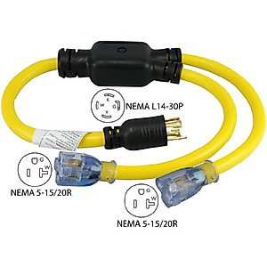 Conntek YL1430520S 30 4 Prong to 15/20 Amp Generator Y-Adapter, Yellow/Blue
