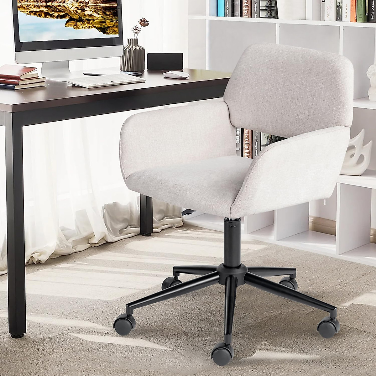 FurnitureR Home Office Chair, Fabric Upholstered Vanity Chairs with Rolling Wheels, Adjustable Study Desk Chair Mid Back Task Chair for Living Room, Bedroom, Small Spaces - Beige