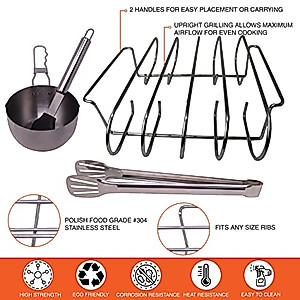 Large Rib Rack for Smoking - BBQ Rib Rack Gas Charcoal Smoker - Grilling Accessories - 304 Stainless Steel Roasting Stand With Tongs, Basting Brush Sauce Pan - Non Stick Grill Rack - Barbecue Rib Rack Holds 5 slab