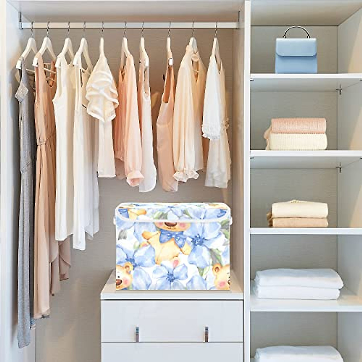 RunningBear Blue Flowers Teddy Bear Large Storage Bins with Lid Collapsible Storage Bin Dog Toy Storage Bin Fabric Storage Baskets for Closet Nursery Cabinet Living Room