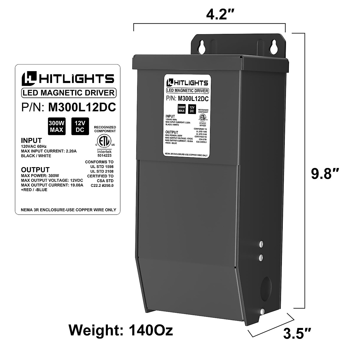 HitLights 300 Watt Dimmable Driver, Magnetic LED Driver- 110V AC-12V DC Transformer, Compatible with Leviton for LED Strip Lights, Constant Voltage LED Products, Made in The USA