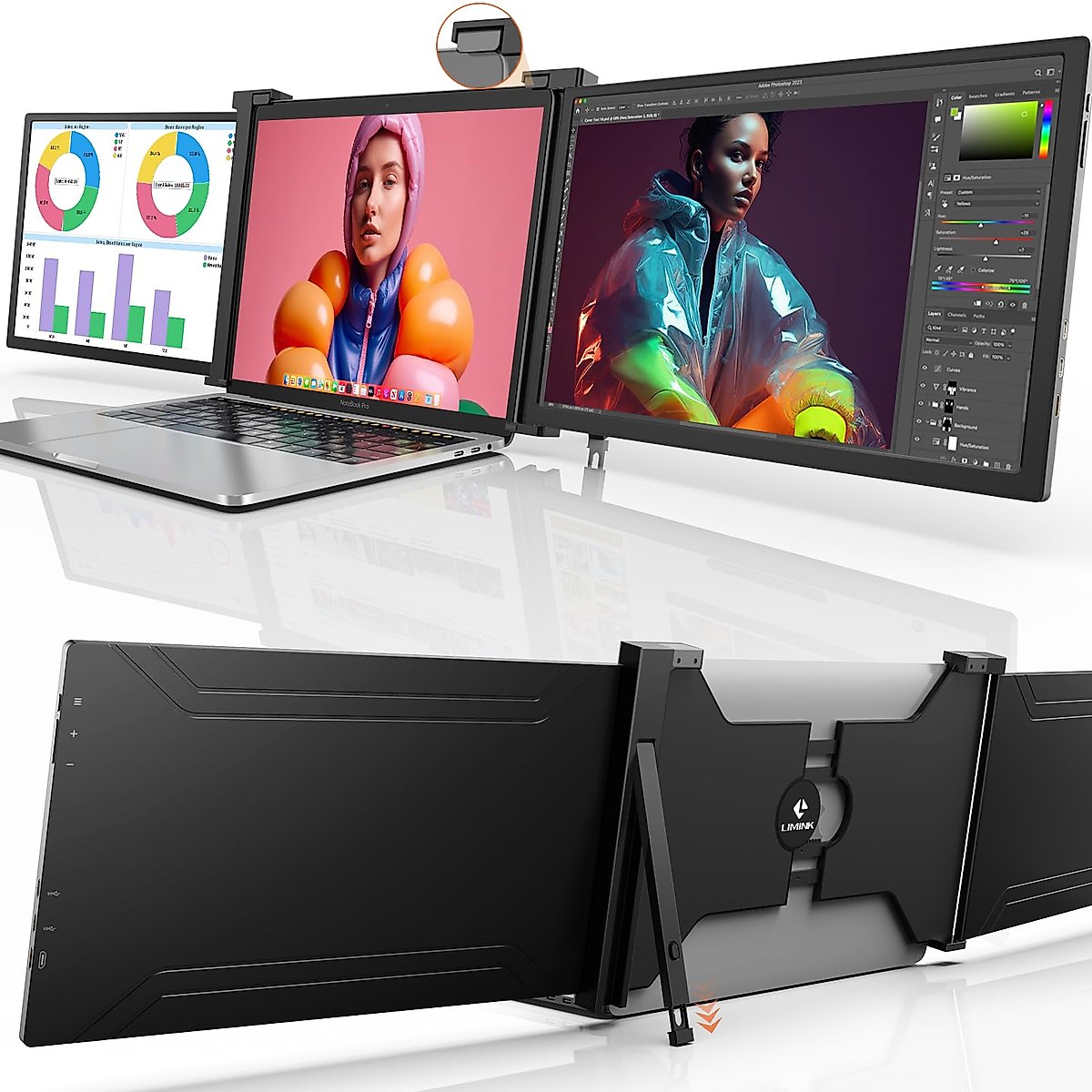 L LIMINK S20 15.4" Triple Portable Monitor for 15.6-18.5" Laptops | 1080P IPS HDR Dual Freestanding Narrow-Bezel Laptop Screen Extender | Compatible with MacOS & Windows | Powered by USB-C & HDMI
