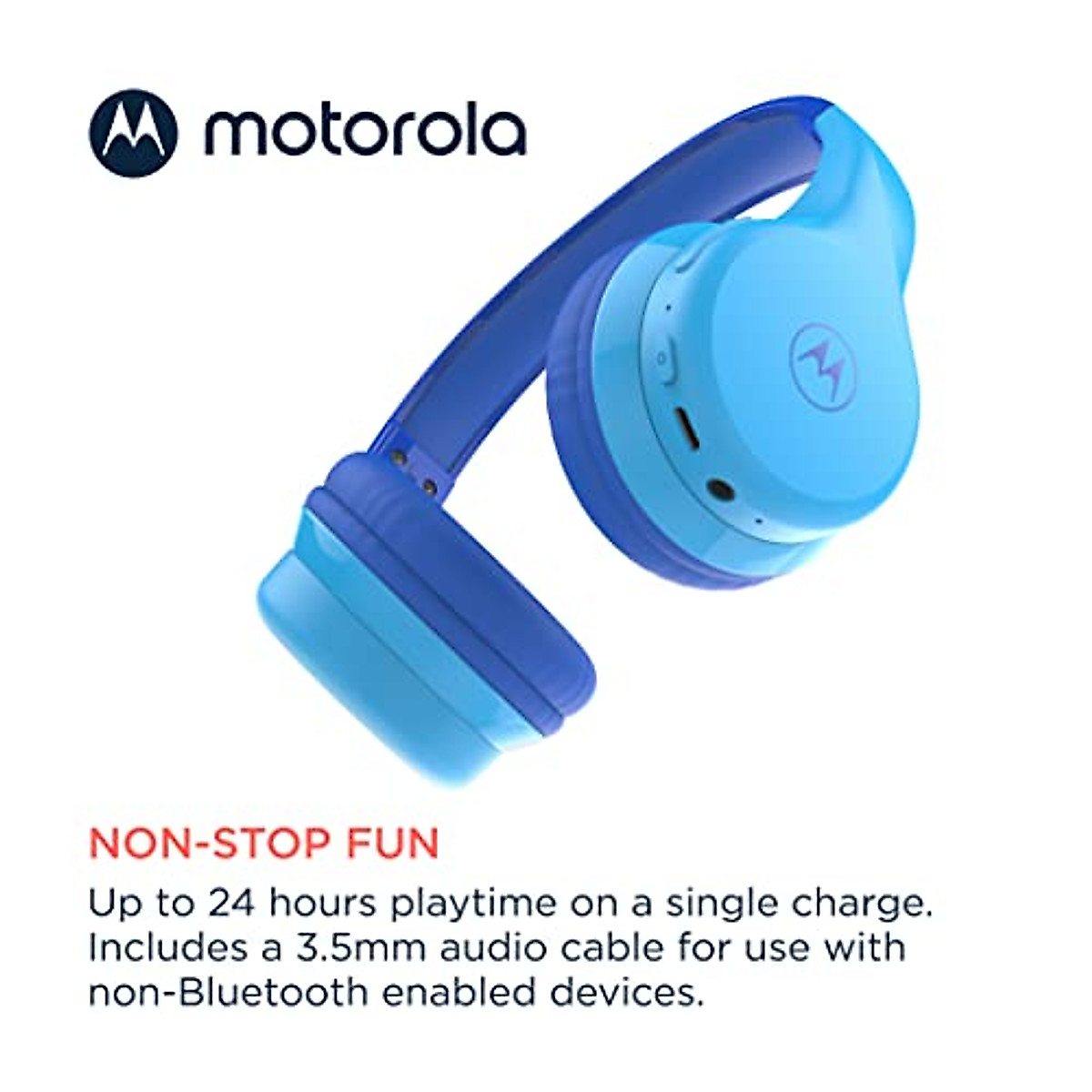 Motorola Moto JR300 Kids Bluetooth Headphones with Microphone - Lightweight Over Ear Wireless Headphones, Safe Volume Limit 85dB, Audio Splitter for Sharing - Ideal for School, Travel, Gaming - Blue