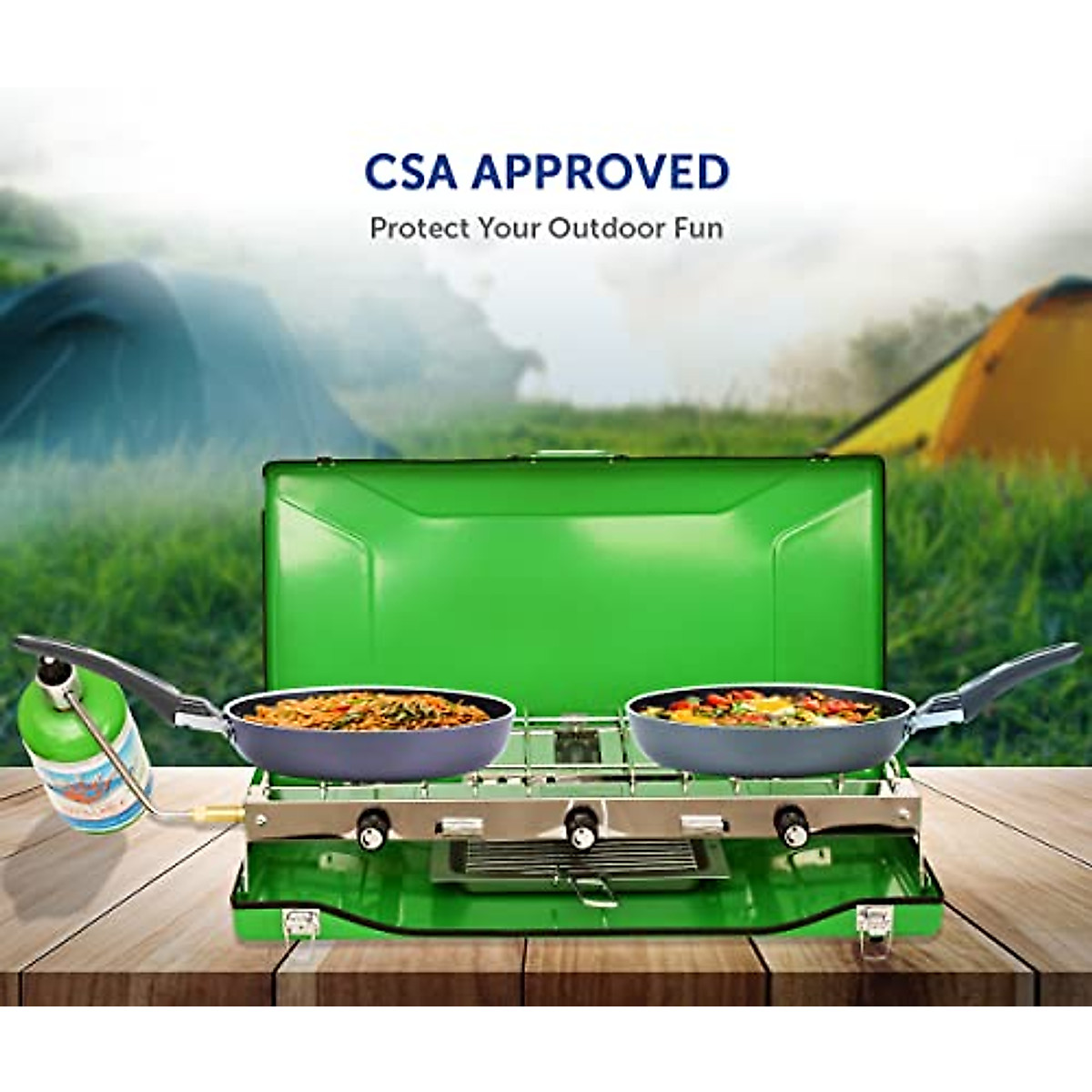 Flame King YSNBBQ-136M 3-Burner Portable Camping Stove Grill w/Toast Tray, Great for Outdoor Cooking, Backpacking, Compatible with 1LB Propane Gas Bottle