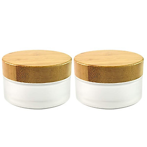 Frosted Glass Cream Jars,2 Pack 100ml/3.4oz,Natural Bamboo lids Empty Refillable Cosmetic Container Bottles Glass Cosmetic Sample Jars with lids for Face Cream Make Up Eye Shadow Travel