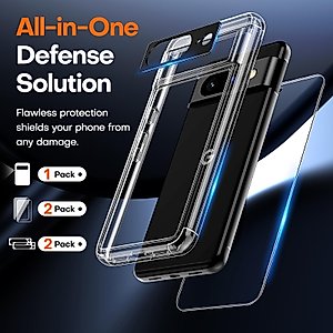 TAURI [5 in 1 Designed for Google Pixel 8 Case Clear, [Not Yellowing] with 2 Tempered Glass Screen Protector + 2 Camera Lens Protector, [Military Grade Drop Protection] Slim for Pixel 8 Phone Case