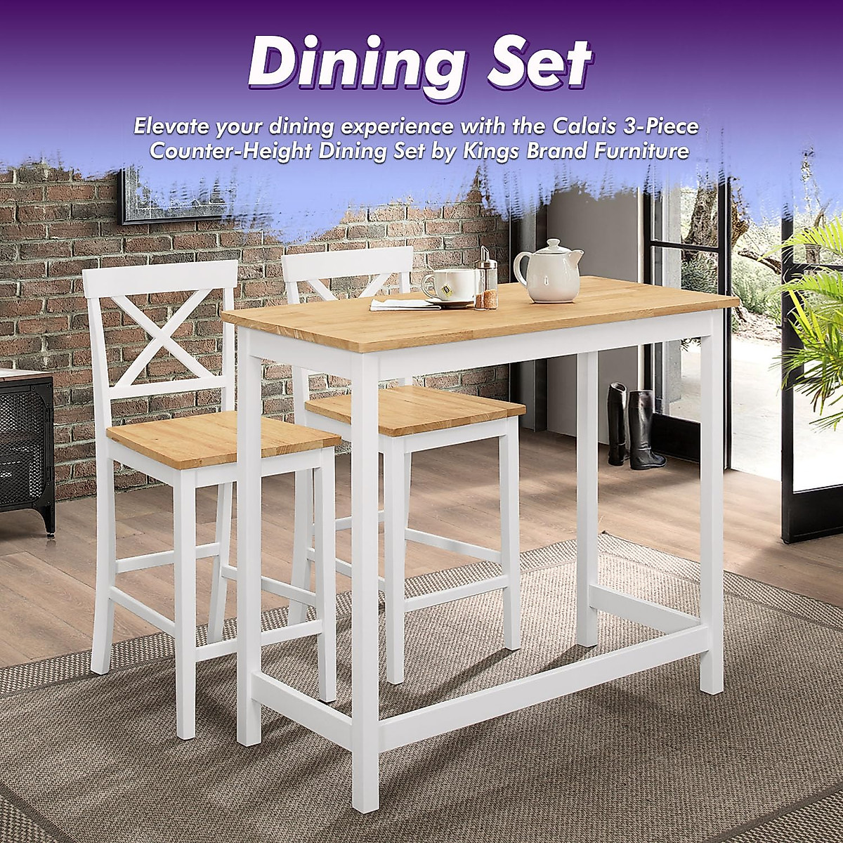 Kings Brand Furniture - 3 Piece Dining Table Set, Counter-Height Bar Breakfast Table with 2 Stools for Living Room Kitchen Small Space Apartment - White