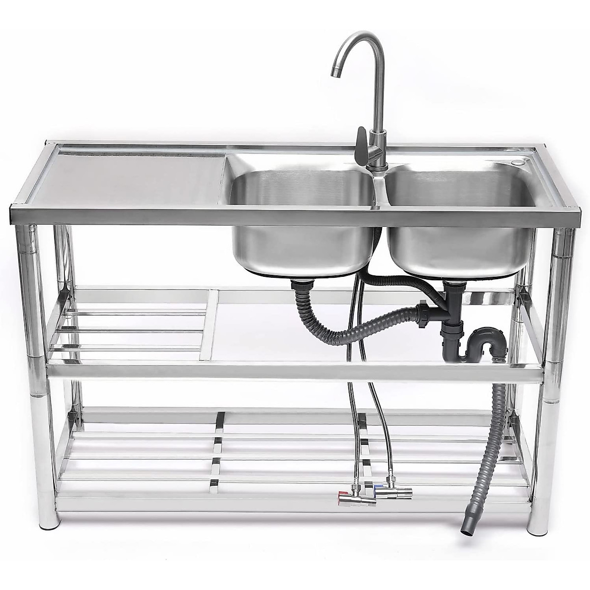 Double Bowl Kitchen Sink Set, Free Standing Double Bowl Kitchen Sinks Utility Restaurant Kitchen Sink for Restaurant, Kitchen, Garage