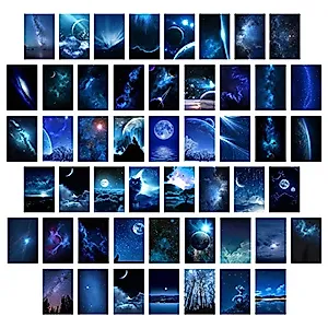 HZSYF Blue Photo Wall Collage Kit - Galaxy Stars Wall Art Space Posters Pictures Aesthetic Room Decor for Boys Girls Bedroom Dorm Nature Nebula Starry Night Universe Artwork 50 Set 4x6inch UNFRAMED
