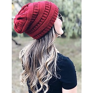 Roniky Winter Knit Beanie Hats for Women, Silk Satin Lined Chunky Cap Soft Stretch Cable Knit Warm Slouchy Beanie Hat Black