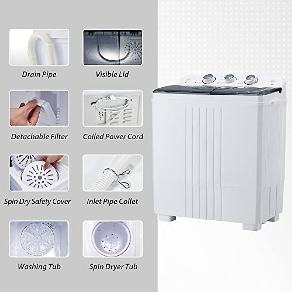 Portable Washing machine 20Lbs Capacity Mini Washer and Dryer Combo Compact Twin Tub Washing Machine Laundry Washer(12Lbs) & Spinner(8Lbs) with Built-in Gravity Drain,Low Noise for Apartment,Dorms,RV Camping, BLACK