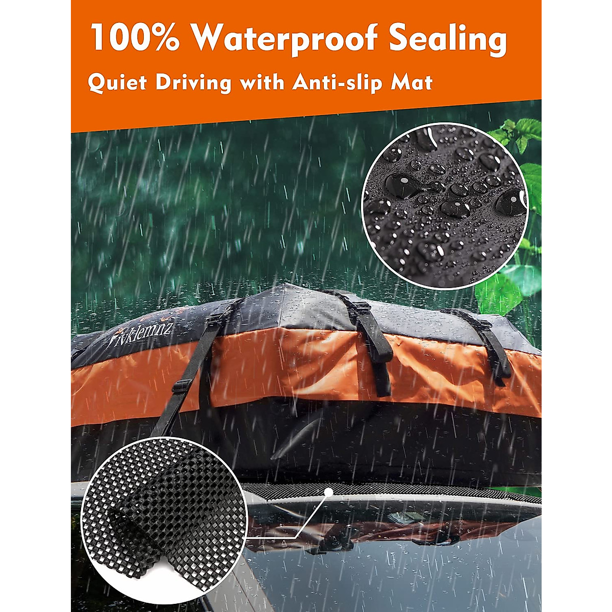 FIVKLEMNZ Car Rooftop Cargo Carrier Roof Bag Waterproof for All Top of Vehicle with/Without Rack Includes Topper Anti-Slip Mat + Reinforced Straps + 6 Door Hooks + Luggage Lock