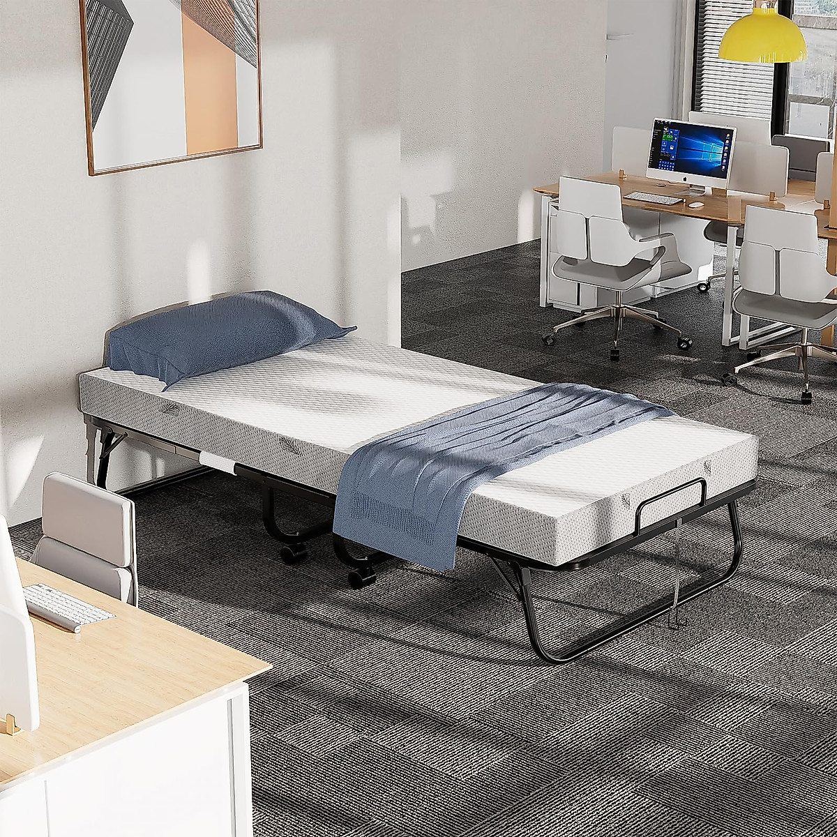 Hyomdeck Folding Bed with Mattress for Adults, Portable Folding Bed with Adjustable Backrest, Cot Size Rollaway Bed with Memory Foam Mattress and Metal Frame on Wheels, Guest Bed, 75‘’ x 31‘’,Black