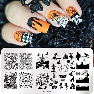 6Pcs Halloween Nail Stamping Plates Fall Maple Leaf Nail Stamper Template Kit Ghost Bat Skull Spider Web Design Nail Decorations Supplies with 1 Stamper 1 Scraper