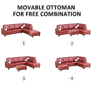 103" W Sectional Couches for Living Room, Faux Leather Couch with Storage Ottoman, Leather Sofa Brown Couches, Modular Sectional Sofa,Modular Sectional Couch for Living Room Furniture Sets, Red