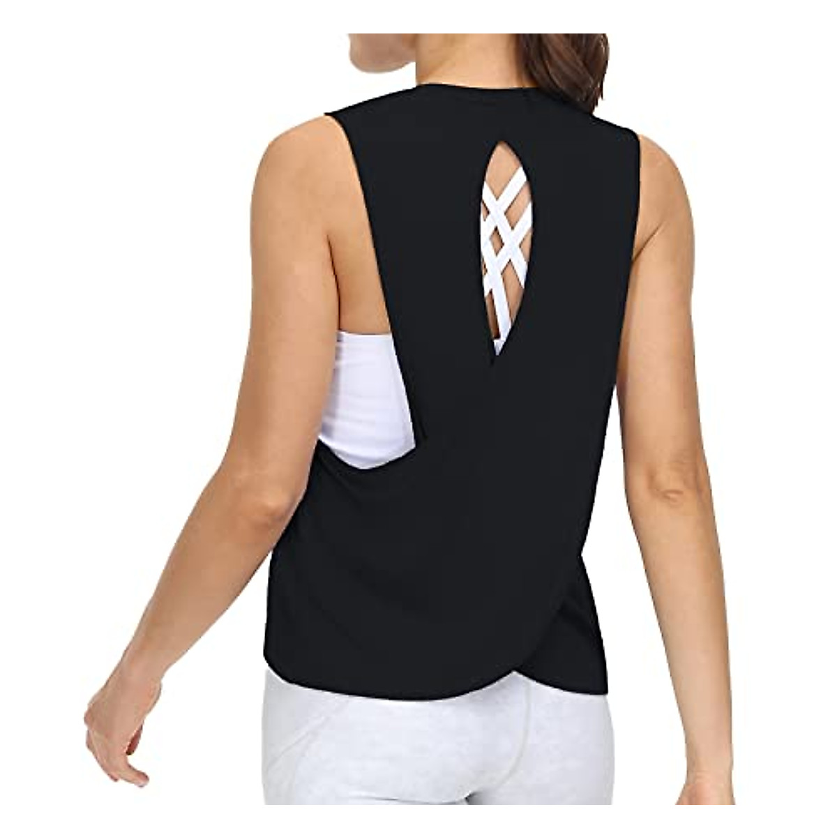THE GYM PEOPLE Women's Open Cross Back Workout Tank Tops Loose Fit Sleeveless Yoga Running Shirts Black