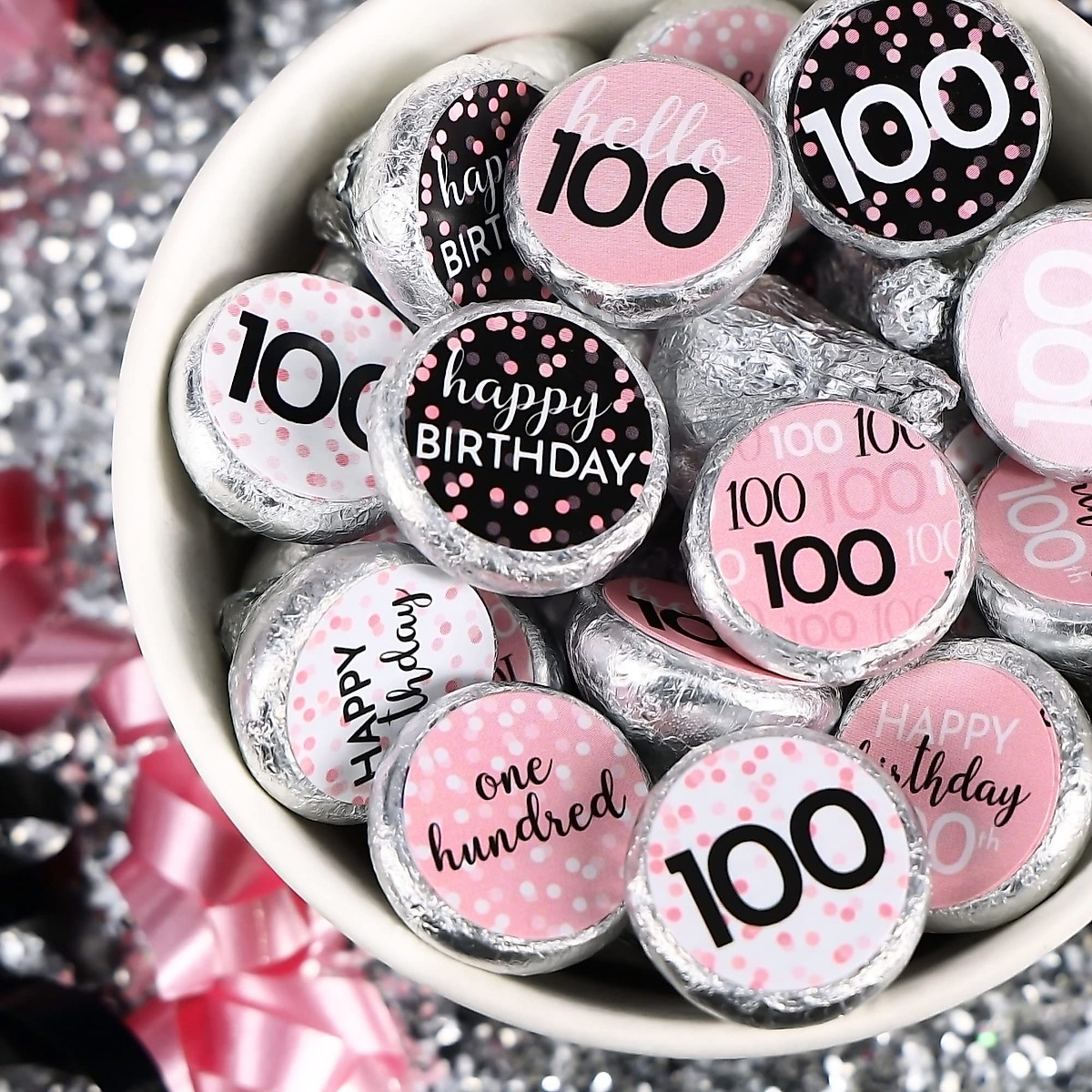 Pink, Black, and White 100th Birthday Party Favor Chocolate Kisses Candy Stickers - 180 Count, 100th Birthday Decorations
