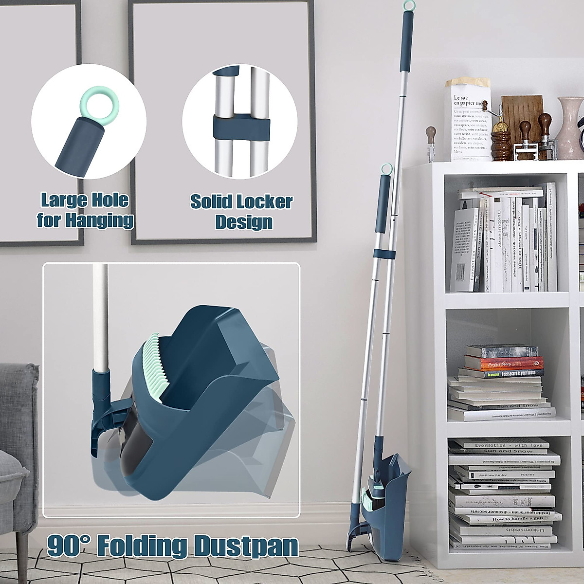 DALIPER Broom and Dustpan Set with Aluminum 54 Inches Long Handle, 180 Degree Swivel Broom and Upright Dust Pan with Hair Scraper for Home, Kitchen, Office, Indoor