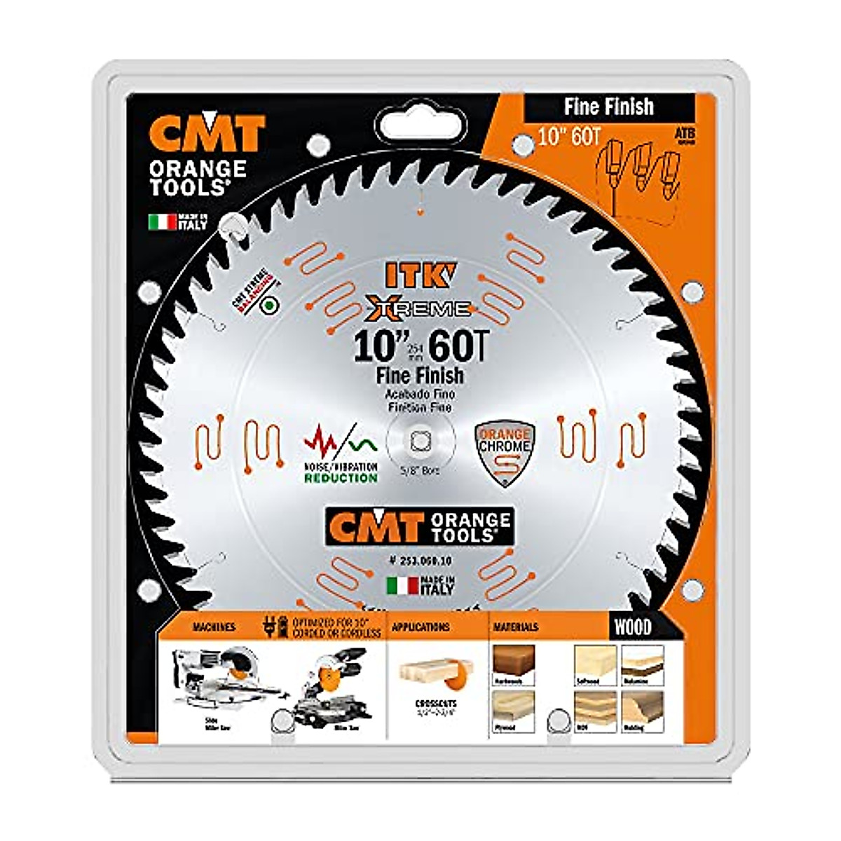 CMT 253.060.10 ITK Industrial Finish Sliding Compound Miter Saw Blade, 10-Inch x 60 Teeth 1FTG+2ATB Grind with 5/8-Inch Bore
