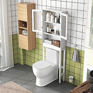 BestComfort Over The Toilet Storage Cabinet, Bathroom Organizer with Frosted Glass Doors, Adjustable Shelf, Open Compartment, Freestanding Over Toilet Rack Unit for Washroom Laundry (67'' H)