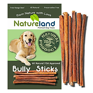 Natureland 12" Bully Sticks Thin - All-Natural, Free-Range, Grass-Fed, 100% Beef Dog Chews (12" Bully Sticks Thin - 20 Pack)