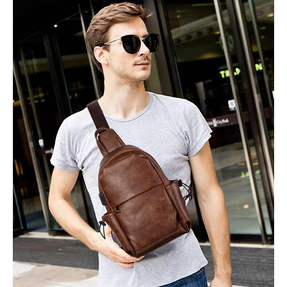 BOSTANTEN Sling Bag Leather Crossbody Backpack Shoulder Bag for Men Travel Hiking Everyday Use, Brown