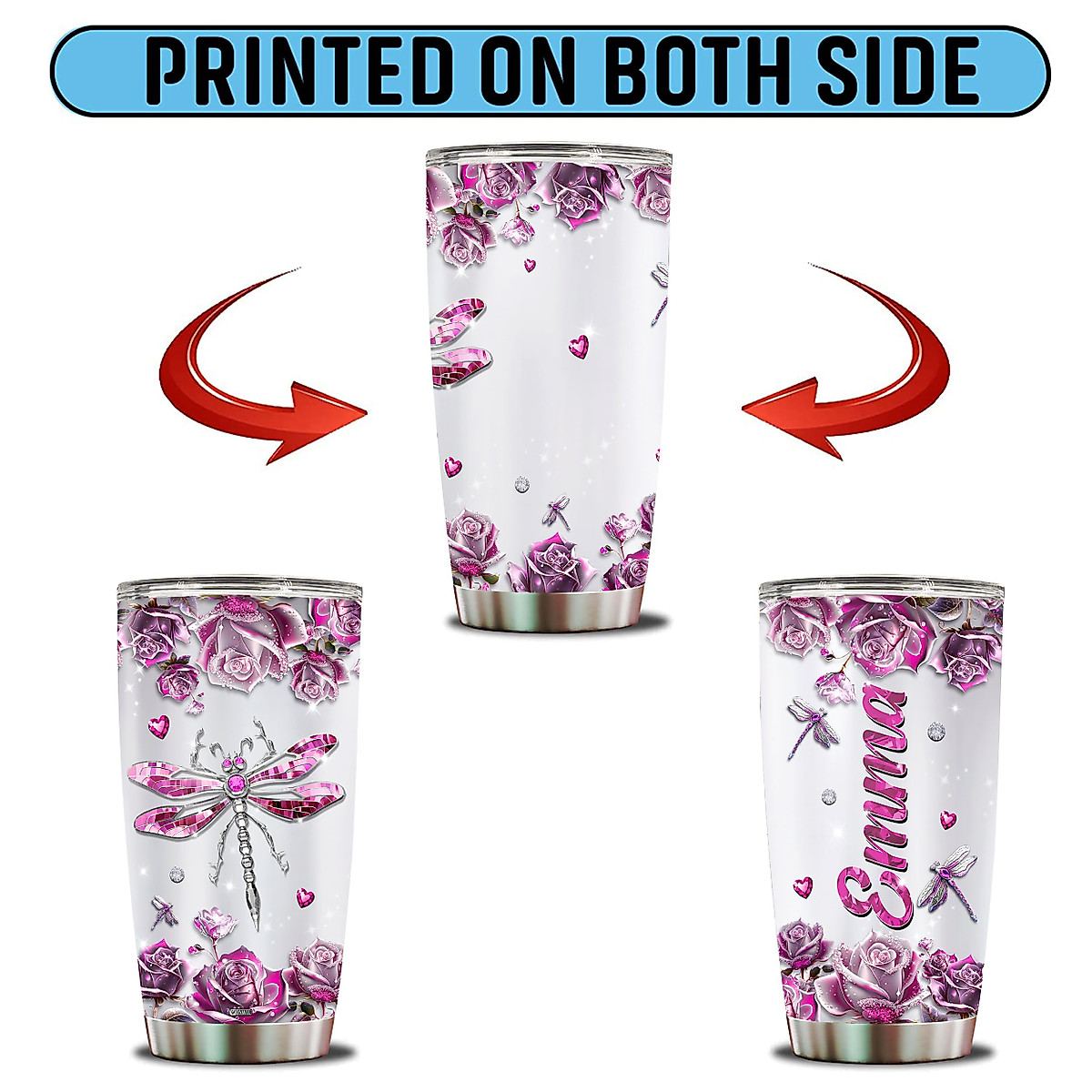 WONWIX Personalized Dragonfly Coffee Mug Cups Gifts For Women Unique Mom, Purple Dragonflies Water Bottle Mothers Day Birthday Christmas Valentine 20oz Stainless Steel Thermos Tumbler Cup With Lid