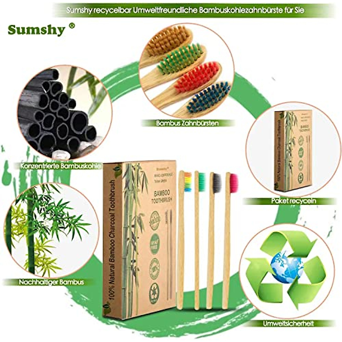 Sumshy 10 Color Soft Bristles Natural Bamboo Toothbrushes Set, Premium BPA Free for Best Clean, Eco-Friendly, Plastic-Free, Vegan, Biodegradable & Compostable Charcoal Wooden Toothbrush