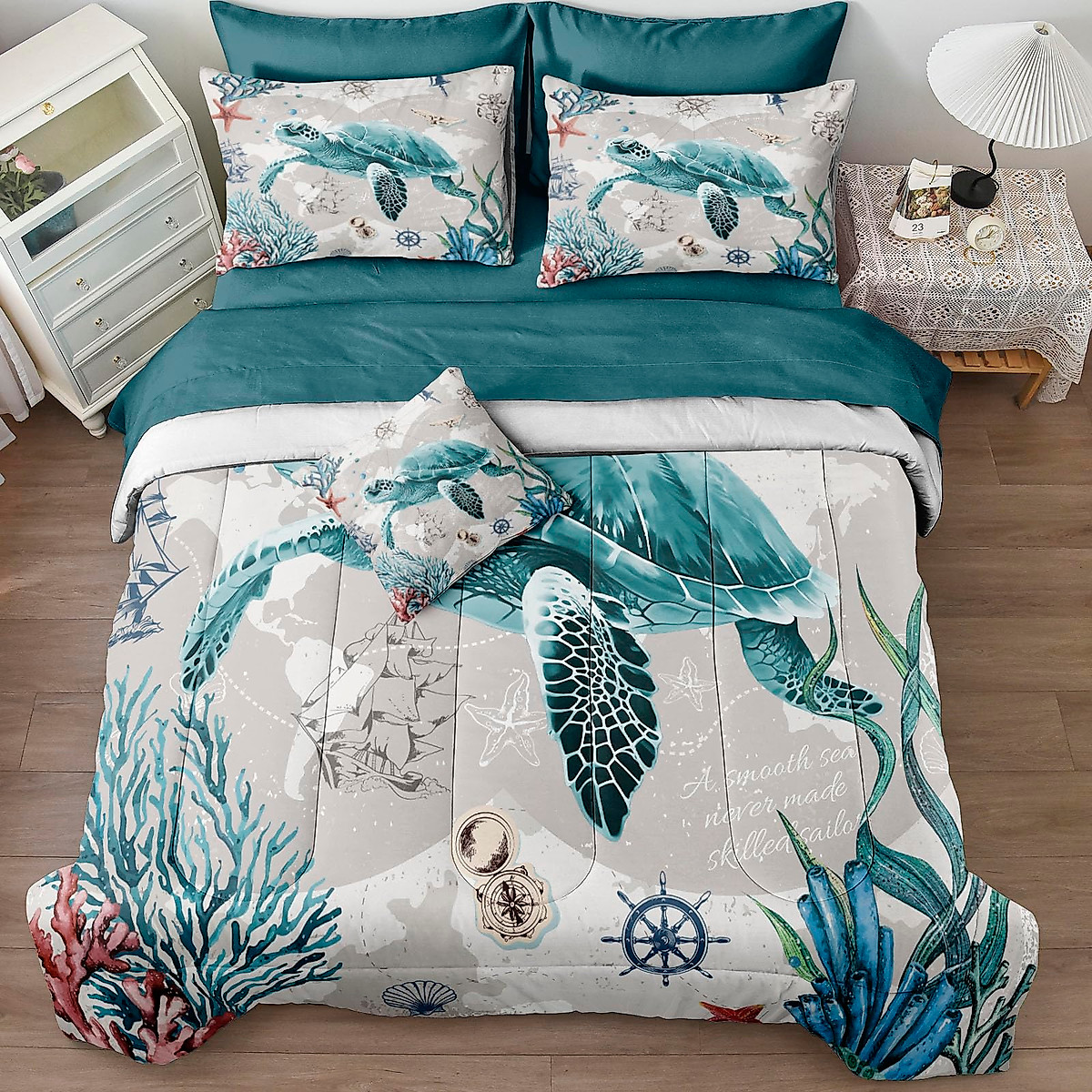 Bedbay 8 Pieces Nautical Bedding Sea Turtle Queen Comforter Set with Sheets Turquoise Comforter Retro Style Teen Girls Boys Turtle Bedding Set Ocean Themed Soft Fluffy Bed Set(Ocean,Queen)