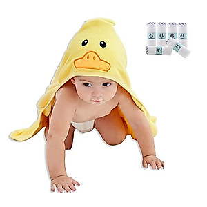 HIPHOP PANDA Bamboo Baby Washcloths, 6 Pack and Baby Hooded Towel, Yellow Duck, 30 x 30 Inch