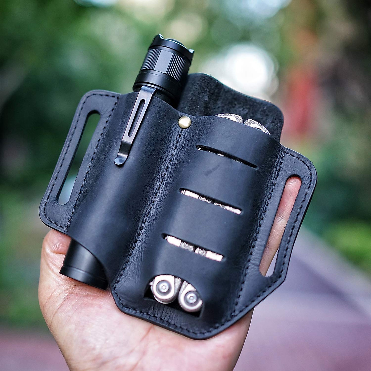 VIPERADE PJ8 Small EDC Leather Sheath for Belt, Leather Multitool Sheath, EDC Belt Organizer, Handmade 2 Pockets Belt Leather Slip Sheath, Leather EDC Pocket Organizer for Men