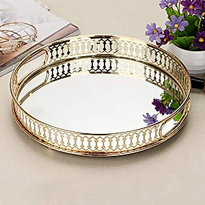 Hipiwe Mirror Vanity Tray - Round Metal Makeup Tray Jewelry Trinket Tray, Cosmetic Perfume Tray for Dresser Bathroom Bedroom Countertop Organizer Tray