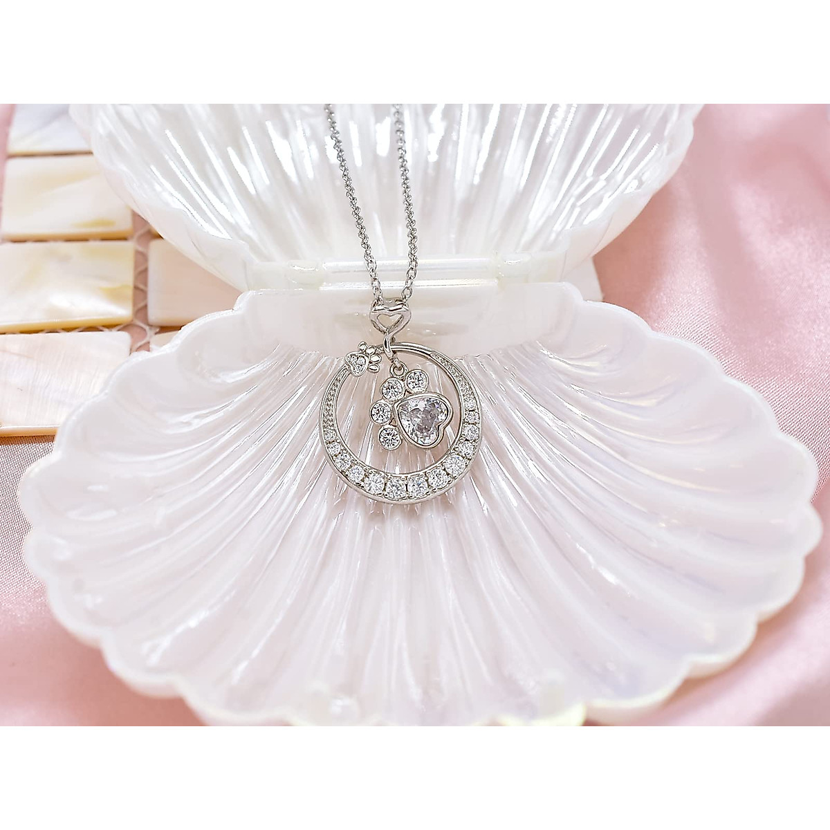 Paw Print Necklace for Women Girls - Sterling Silver Puppy Dog Cat Pet Paw Print Circle Pendant Necklace Cubic Zirconia Dainty Cute Adjustable Charm Necklace Birthday Gifts for Women Teens,15.7"+3.9"