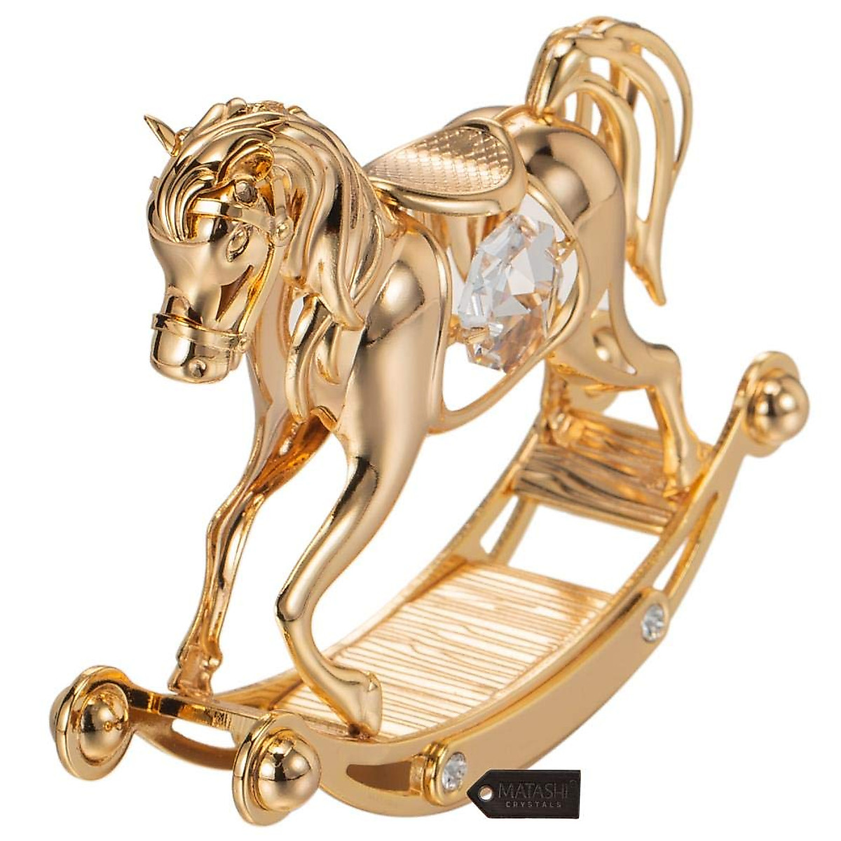 Matashi 24K Gold Plated Crystal Studded Rocking Horse Ornament Home Office Desk Decor Tabletop Decorative Showpeice Gift for Christmas Valentine's Day Mother's Day Birthday Gift for Mom Dad Girlfriend