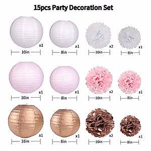 zilue Rose Gold Party Decorations, Pink Rose Gold Paper Lanterns and Pom Poms Flowers for Birthday Party Bridal Shower Bachelorette Party Decor 15PCS