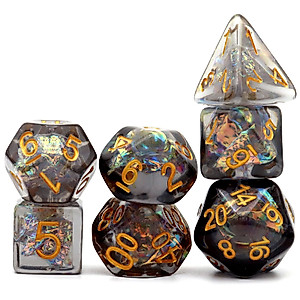 Haxtec Black DND Dice Set 7PCS Filled Resin Polyhedral D&D Dice W/Iridescent Mylar Inclusion Role Playing Dice Dungeons and Dragons Gift