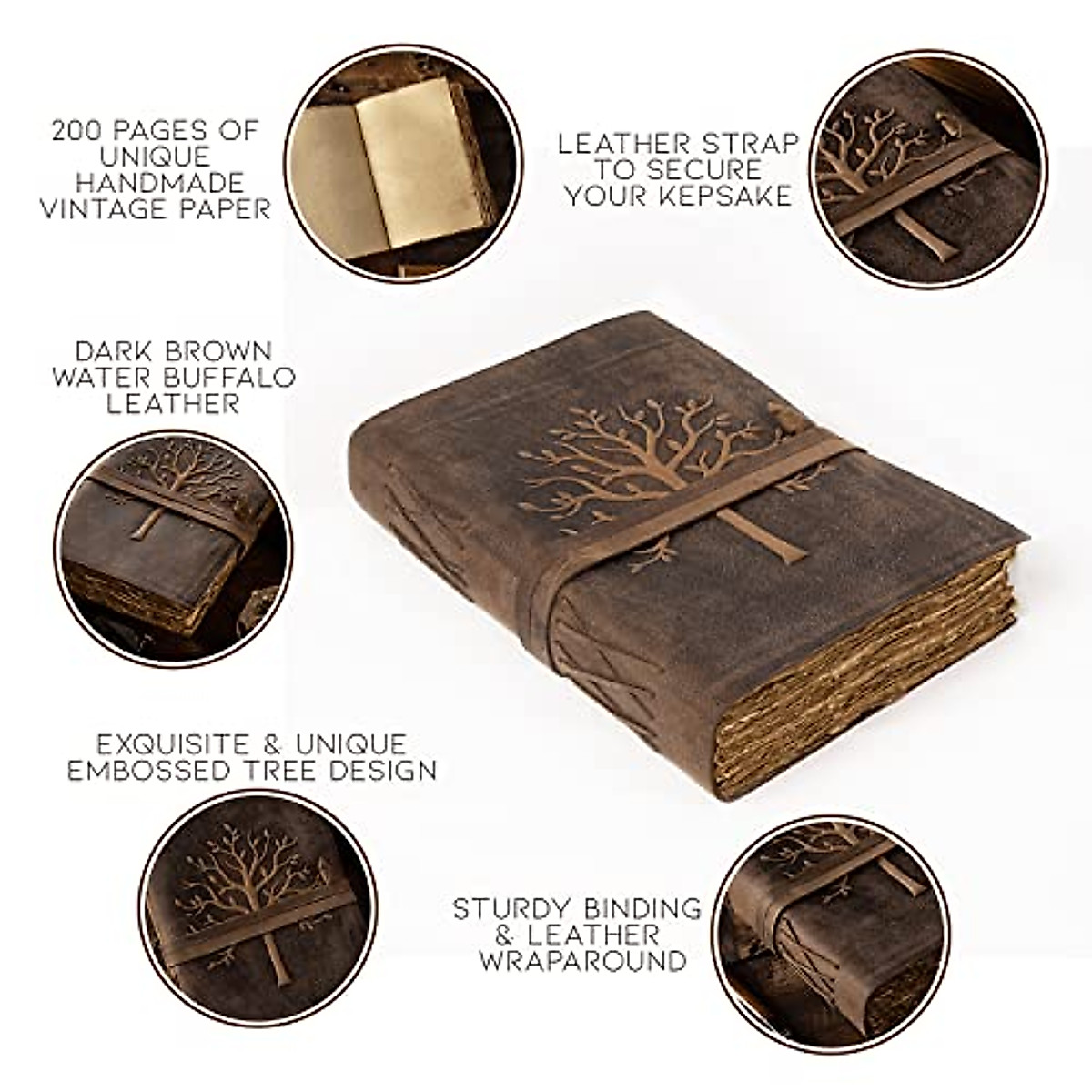 Vintage Leather Journal Tree of Life-Leather Bound Journal-Antique Paper-Beautiful Embossed Tree Leather Sketchbook - For Drawing Sketching and Writing-240 Pages