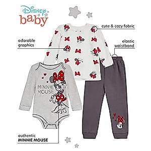 Disney Baby Girls' Jogger Set - 3 Piece Bodysuit, Long Sleeve Shirt Fleece Pant Set: Minnie Mouse, Winnie the Pooh (0-4T), Size 3T, Minnie Red/Charcoal