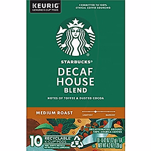 Starbucks Decaf House Blend Coffee K-Cup Pods, Medium Roast Decaffeinated Ground Coffee K-Cups for Keurig Brewing System, 10 CT K-Cups/Box (Pack of 2)